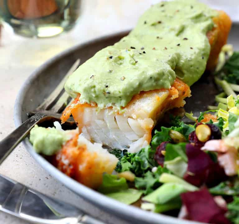 Pan Seared Cod with Avocado Cream Sauce - I Am Homesteader