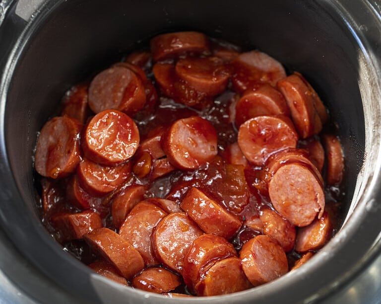 Slow Cooker Bourbon Glazed Kielbasa - I Am Homesteader