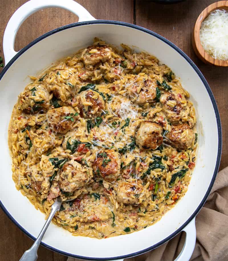 Tuscan Chicken Meatball Orzo - I Am Homesteader