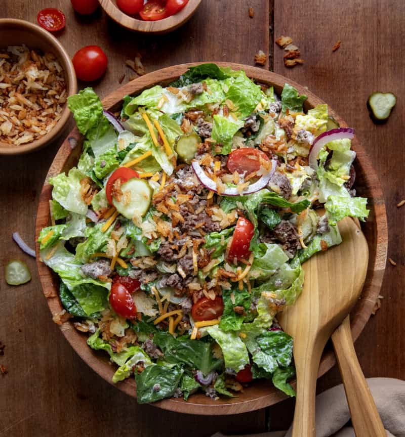 Crispy Rice Cheeseburger Salad - I Am Homesteader